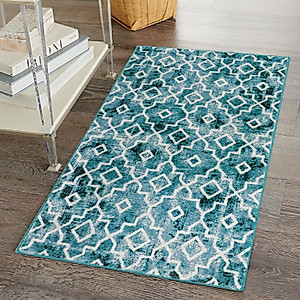 Wonnitar Moroccan Washable Area Rug - Small 2x3 Teal Distressed Entryway Rug Doormat Modern Geometric Non-Slip Throw Rug Faux Wool Floor Carpet for Bathroom Laundry Indoor Office (Teal,2'x3')