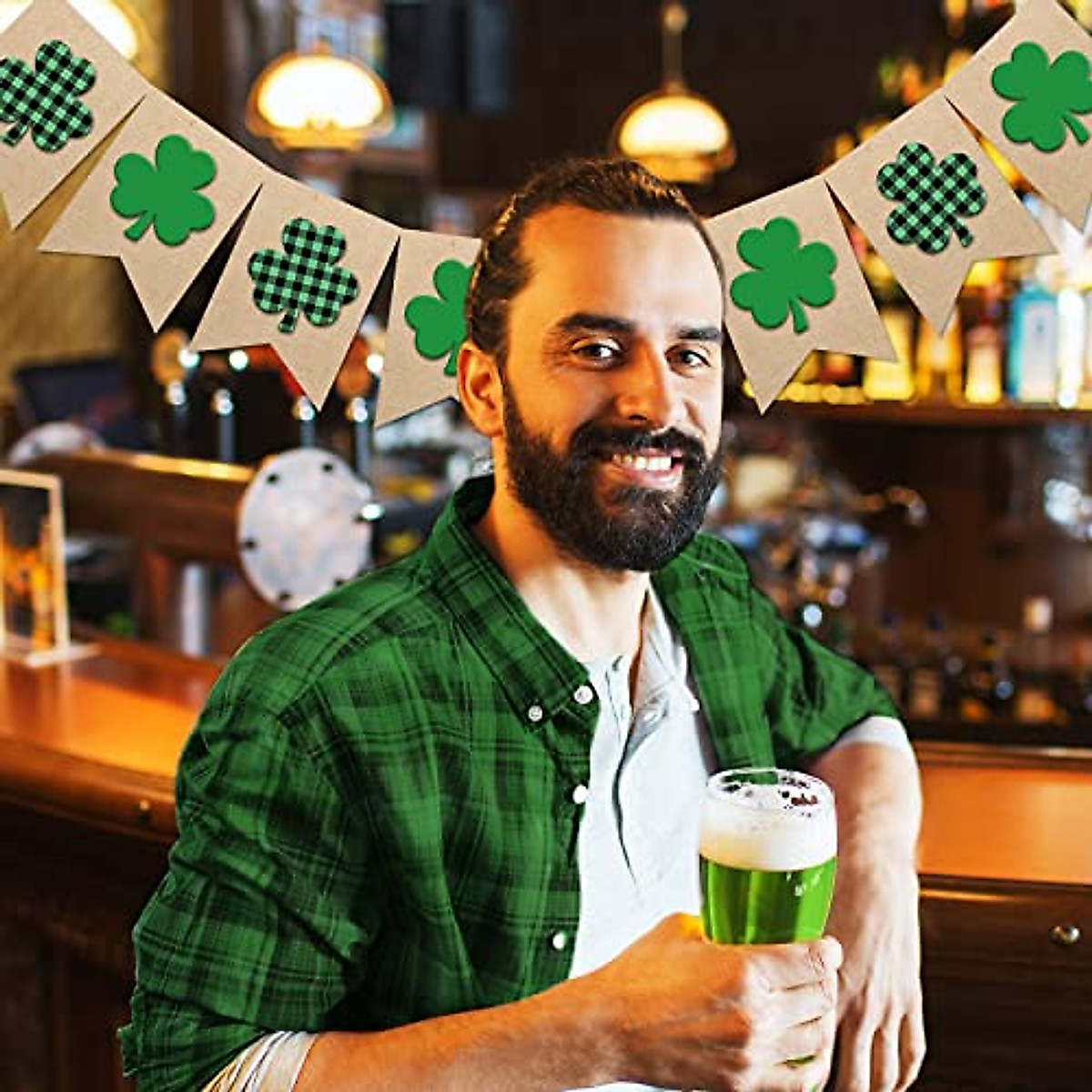 Whaline St. Patrick's Day Banner Green Plaid Shamrock Burlap Banner Pre-Assembled Plaid Shamrock Bunting Garland Sign for Irish Holiday Party Supplies Home Decoration