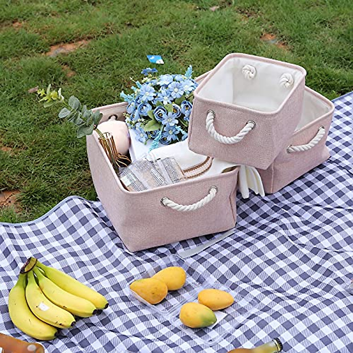 LordCom Storage Bins with Sturdy Cotton Handles(1 Pack) , Fabric Storage Baskets for Organizing use for Office & Home, Book, Clothes, Toys, Closet Boxes (Small, Pink, 12.2x8.3x6.3 inches)