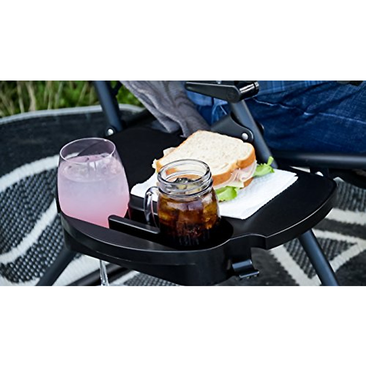 Camco Zero Gravity Chair Tray - Features 2 Cup Holders & Built-in Hook for Bags - Textured Non-Slip Surface & Drainage Holes in Cup Holders (51834)