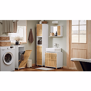 SoBuy Bathroom Tall Cabinet with Hollow Cabinet Door, 2 Doors, 6 Compartments Bathroom Shelves, Storage Rack, Freestanding Storage Cabinet Shelf, Natural and White, BZR127-W