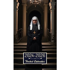 Pocket Calendar 2024-2026: Two-Year Monthly Planner for Purse , 36 Months from January 2024 to December 2026 | Nun | Bloodshot eyes | Face of hatred | Large staircase | Monastery entrance