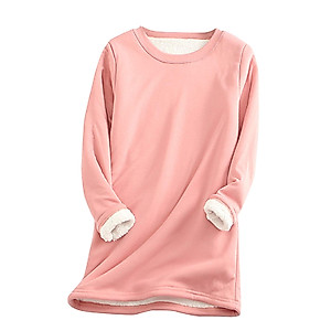 PEHMEA Women's Girls Warm Sherpa Lined Crewneck Pullovers Fleece Sweatshirt Tops (Pink, Medium)