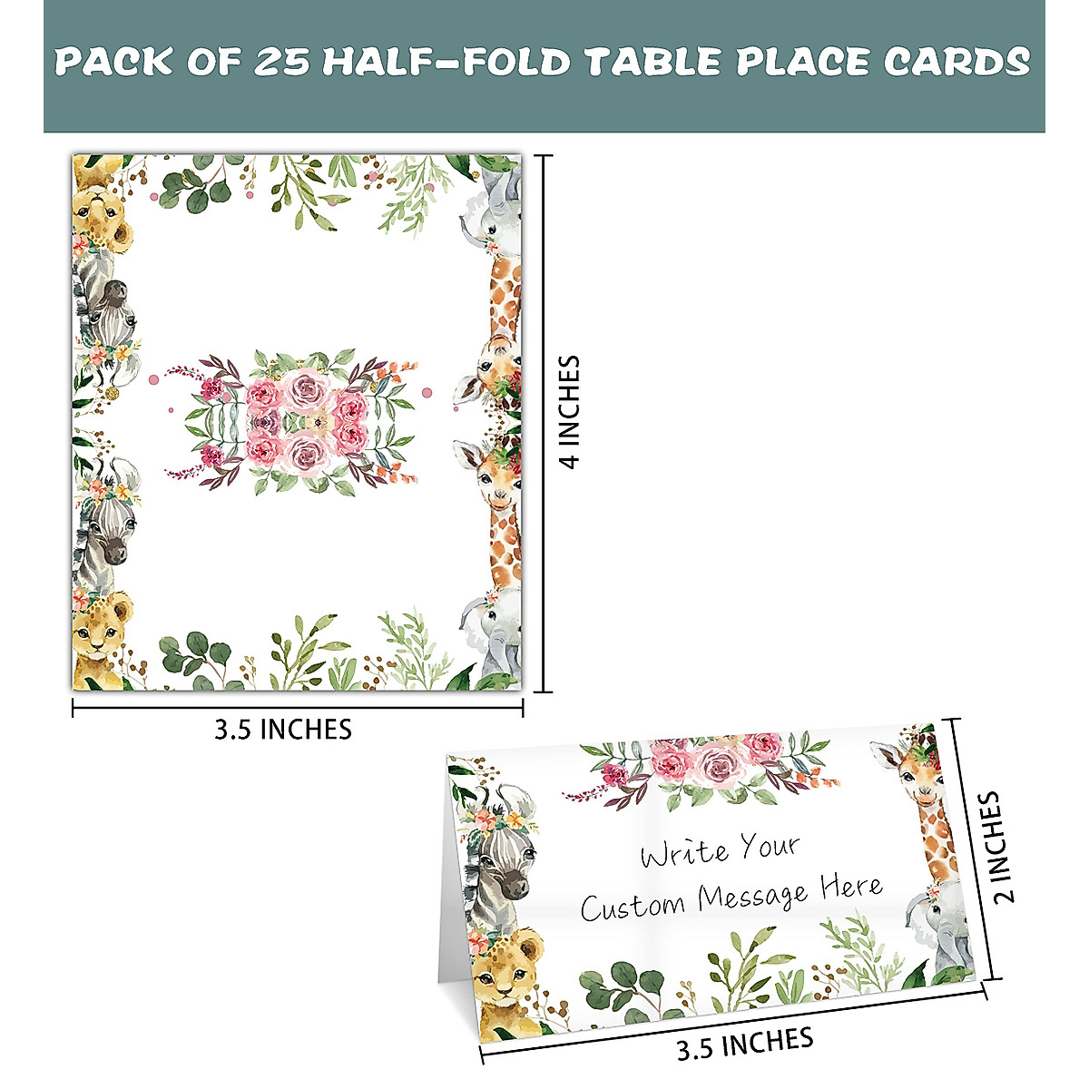 Table Place Card for Baby Shower, 25 Pcs Tent Cards Set with Floral Design, Editable Name Cards for Table Seating, Wild Animal Birthday Party Food Lables, Safari Jungle Baby Shower Decorations(13)