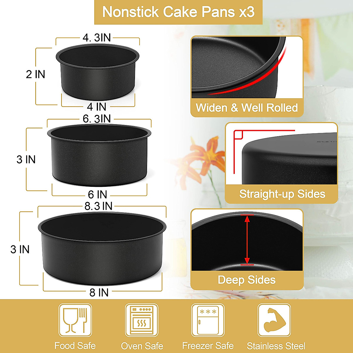 E-far Deep Cake Pan Set of 3 (4/6/8 Inch), Nonstick Stainless Steel Round Cake Pans Tins for Baking Layer Wedding Cakes, Stainless Steel Core & Nontoxic Coating, Deep & Straight Side