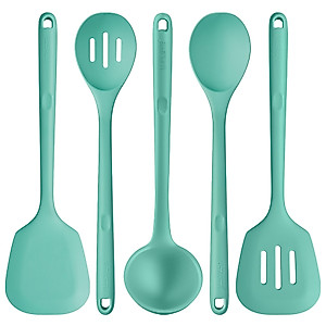 High Heat Resistant Kitchen Utensil: U-Taste 13.6" Silicone Cooking Tools Gadgets Set, Food Grade Non Stick Solid and Slotted Turner Spatula, Mixing Spoon, and Soup Ladle (5 Pieces, Aqua Sky)