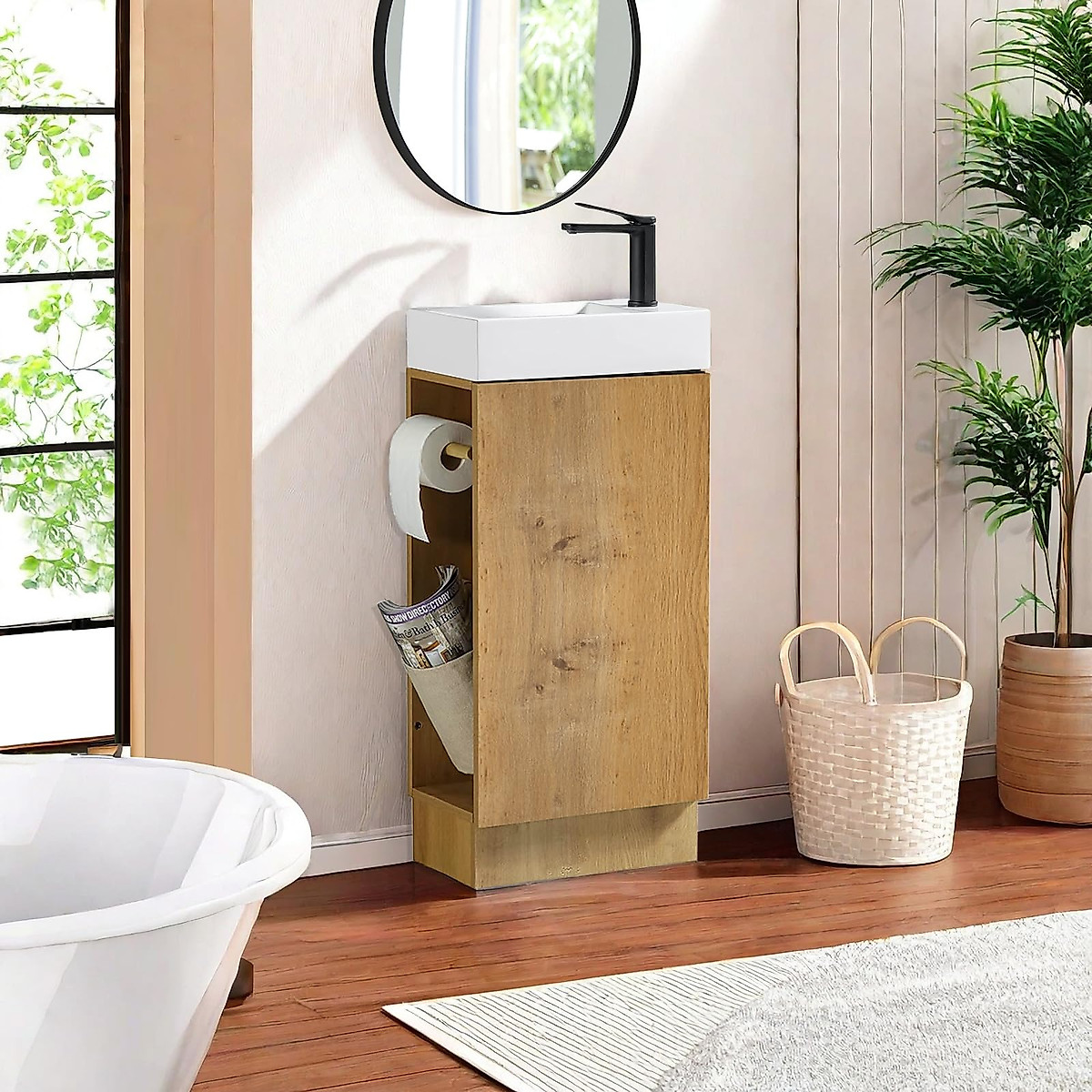 JINDOLI 16“ Bathroom Vanity Sink Combo for Small Space, Modern Floor-standing Small Bathroom Vanity with Sink, Small Bathroom Sink Cabinet Set with 2 Toilet Paper Holders, Snaefell Oak