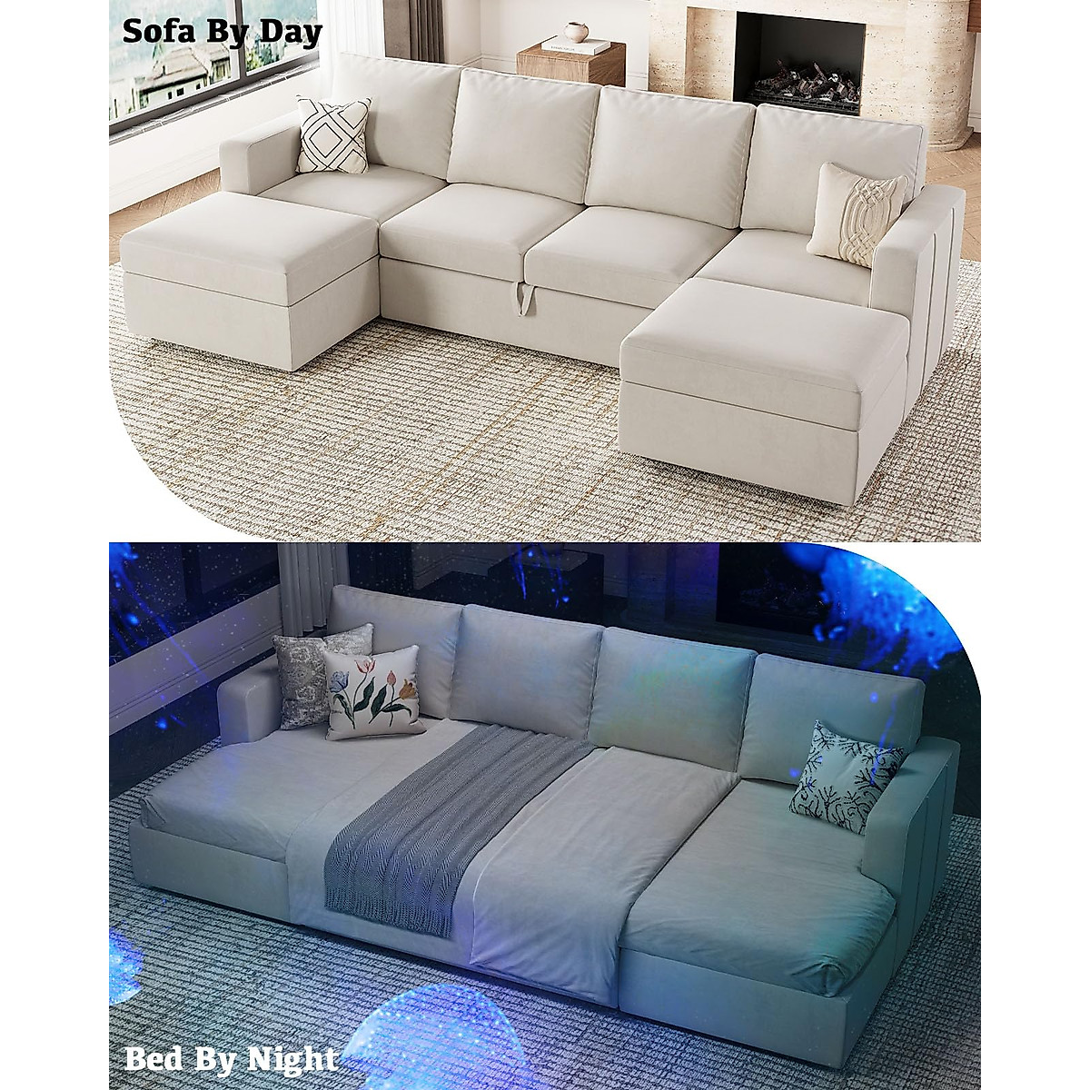 Belffin U Shaped Sectional Sleeper Sofa with Pull Out Bed Convertible Velvet Modular Sectional Couch Bed with Storage Ottoman Beige