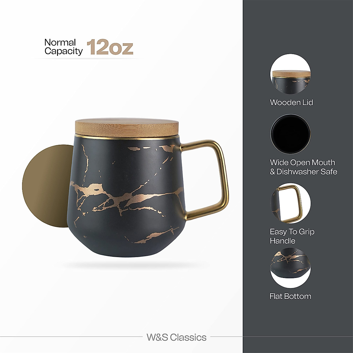 Classic Ceramic Kintsugi Style Black Coffee Tea Mug with Gold Inlay, Spoon and Bamboo Lid- 12 OZ, Large Mugs for Men and Women, Unique Design, Perfect Novelty Gift- Dishwasher Safe
