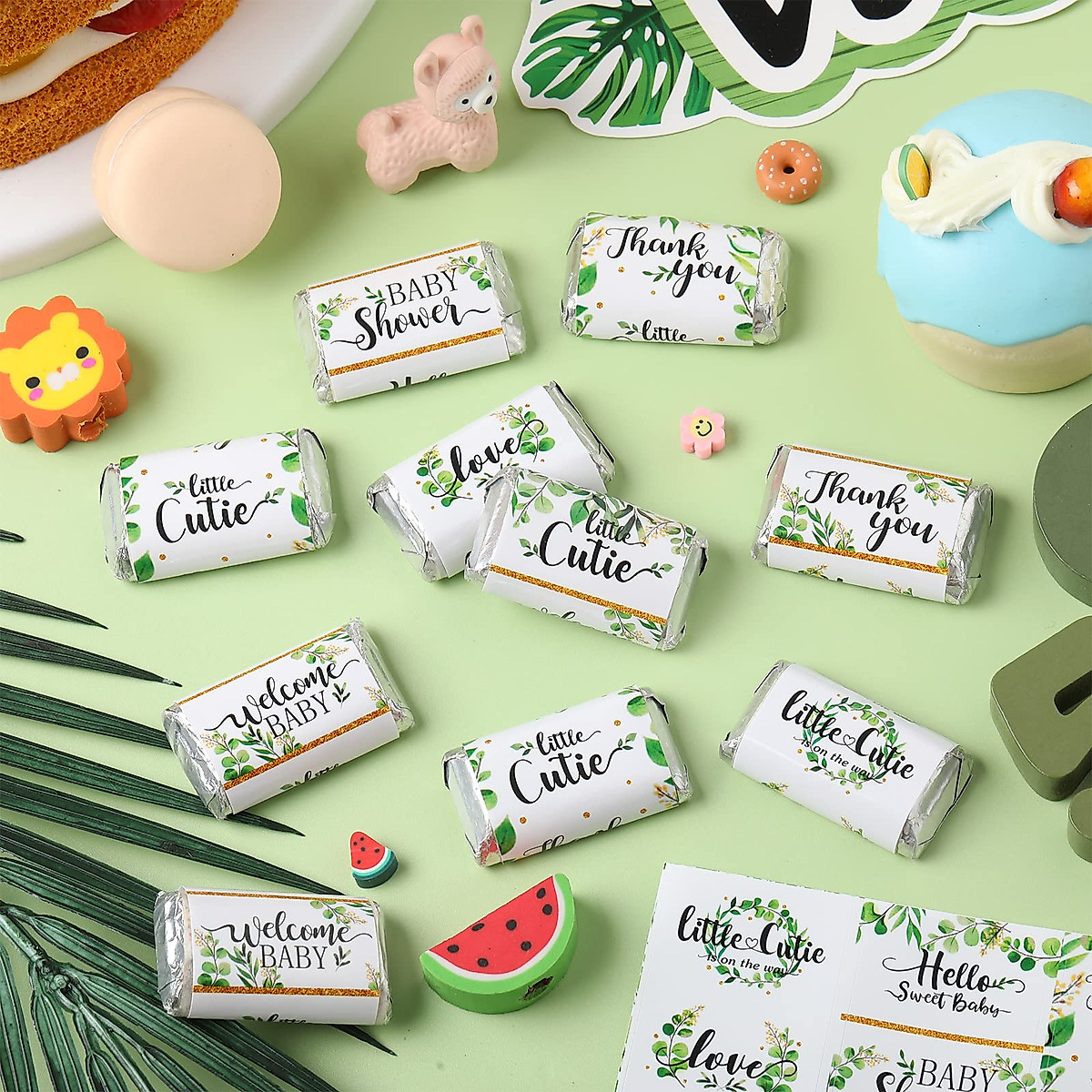 Clabby Baby Shower Candy Wrappers, Shower Mini Candy Bar Miniatures Wrappers Chocolate Bar Label Stickers for Boys Girls Kids Baby Shower Decor (No Candy)(Greenery Style, 90 Pieces)