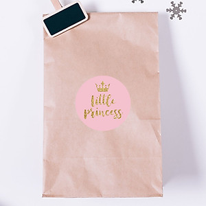 MAGJUCHE Pink Little Princess Crown Stickers, Gold Glitter Girl Baby Shower or Birthday Party Circle Sticker Labels, 2 Inch Round, 40-Pack