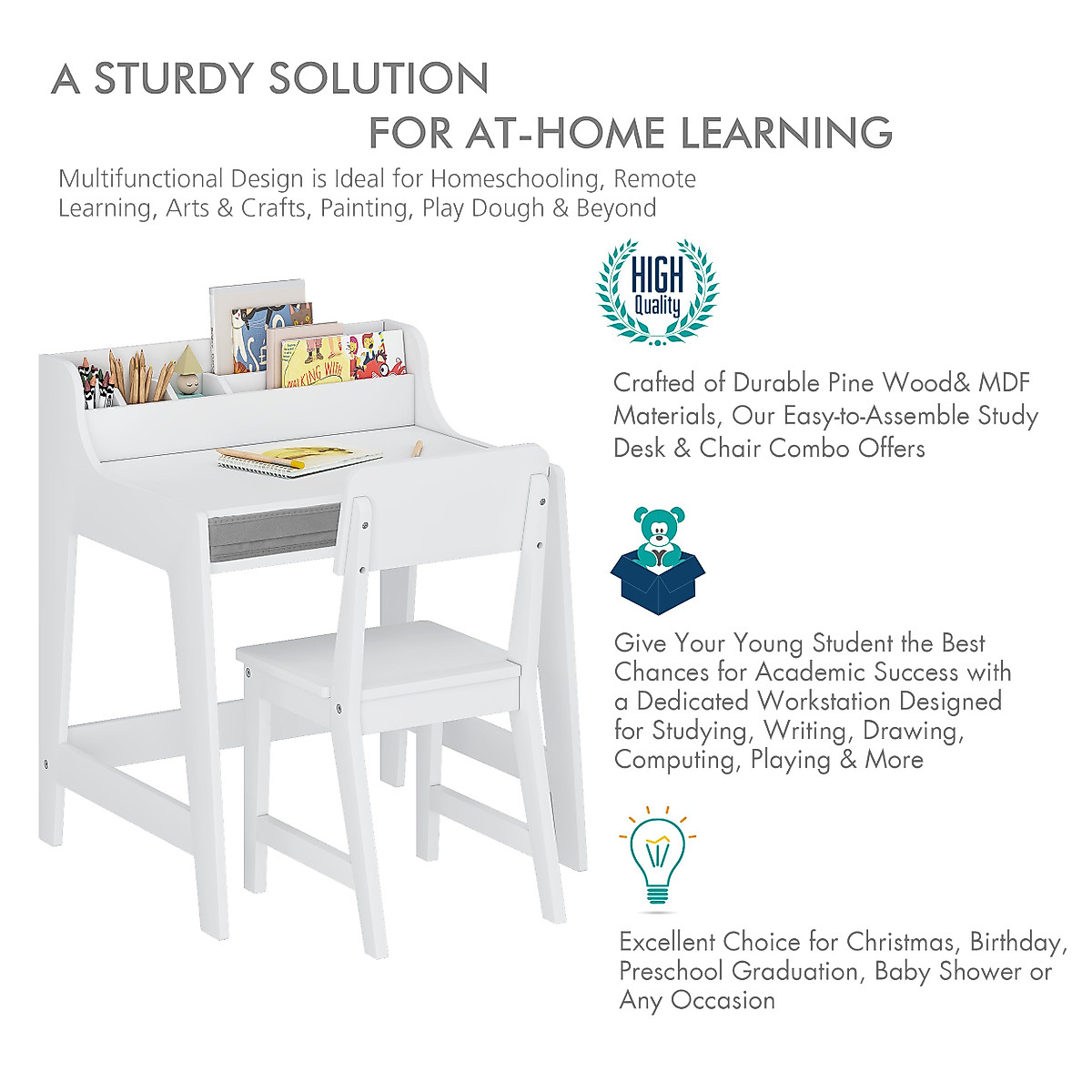 UTEX Kids Desk and Chair Set, Study Desk for Kids with Storage Bins, Wooden Children Study Table, Student Writing Desk for Bedroom & Study Room