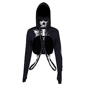 JUMISEE Women Goth Skeleton Hoodie Crop Top Iron Chain Long Sleeve Hooded Pullover Sweatshirt for Halloween Rave Festival Black