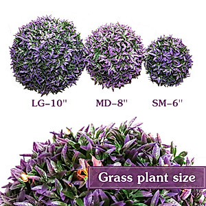 GiveU Pack of 3 Artificial Plant Hemisphere Grass Outdoor Fake Plants Plastic Plant with Solar Lights for Outdoor Garden Decoration-Purple, Dia 6/8/10Inches