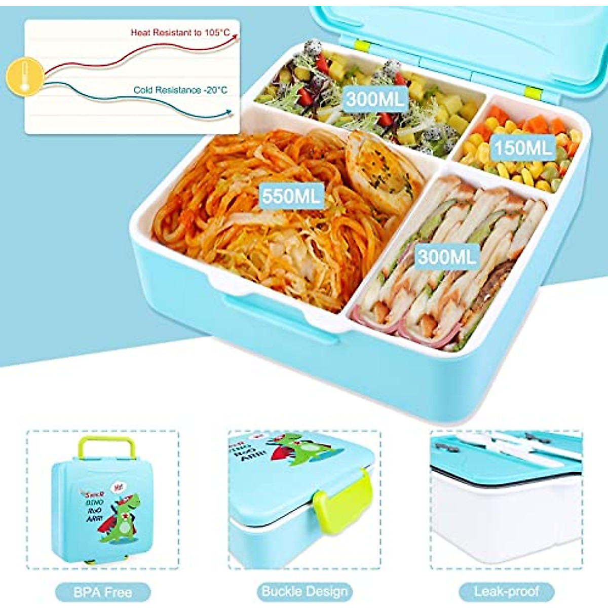 Bento Lunch Box for Kids, Dinosaur Lunch Box with 4 Compartment Bento,1300ml Lunch Containers with Sauce Jar, Spoon&Fork, Durable, Leak Proof, Dishwasher Safe, BPA-Free and Food-Safe Materials (Blue)