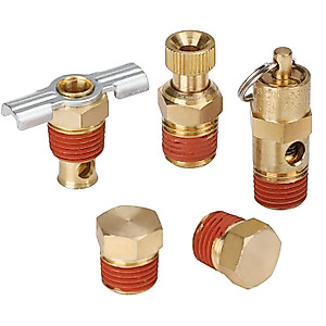Hromee 5 Piece 1/4 Inch Compressor Air Tank Port Fittings Drain Valve Kit with Solid Brass Hex Head Plugs Winged Style and Twist Style Petcock 140 PSI Safety Valve