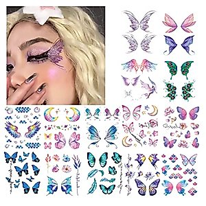 14 Sheets Glitter Butterfly Temporary Tattoos Sticker for Women Girls Eye Face Makeup Decoration, Flash Fairy Wings Body Art Shiny Butterflies Waterproof Fake Tattoos for Festival Party Eye Decor