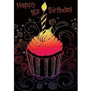 Designer Greetings Cupcake with Red and Orange Frosting on Black Age 16 / 16th Birthday Card