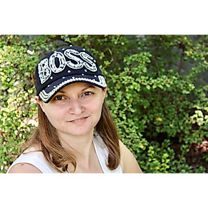 Popfizzy Bling Boss Baseball Cap for Women Rhinestone Hat, Distressed Baseball Caps, Denim Ball Caps (Boss (Black))