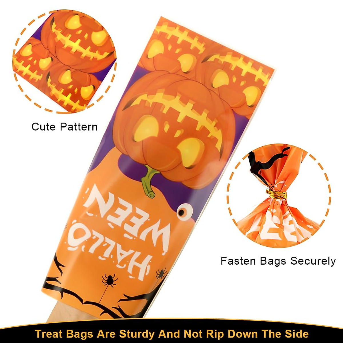 Halloween Treat Bags, Halloween Candy Bags, 100 Pcs Halloween Cellophane Bags Goodie Bags Gift Bags Trick or Treat Bags Goody Bags Bulk with Twist Ties for Holiday halloween Party Favors Supplies
