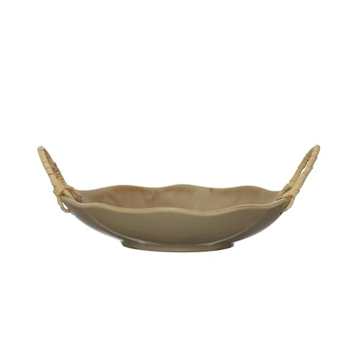Creative Co-Op Stoneware Bowl with Rattan Wrapped Handles, Reactive Crackle Glaze,Cream