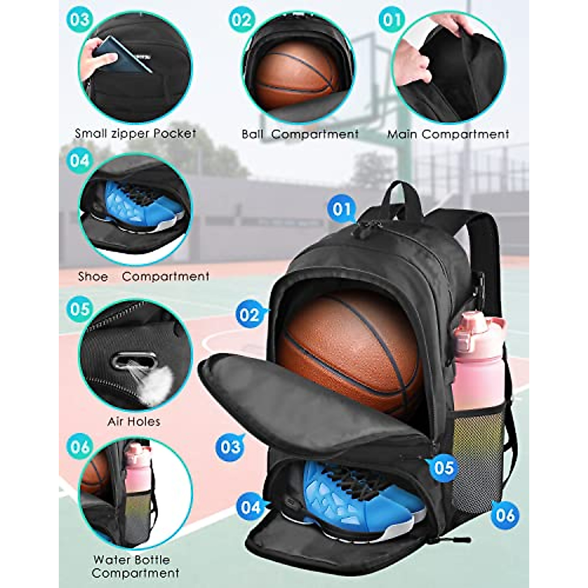 BROTOU Basketball Bag, Soccer Backpack for adult, Volleyball Football Backpack Sports Gym Bag with Shoe and Ball Compartment for Men/Women (Black-new)