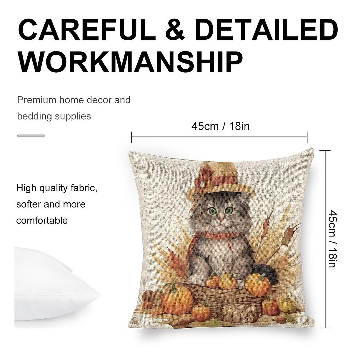 Cute Cat Autumn Pumpkin Throw Pillow Covers 18×18 Pillowcases Set of 1 Thanksgiving Day Linen Decorative Square Pillow Case Cushion Covers Standard Size for Sofa Couch Outdoor Bed Pillow Protectors