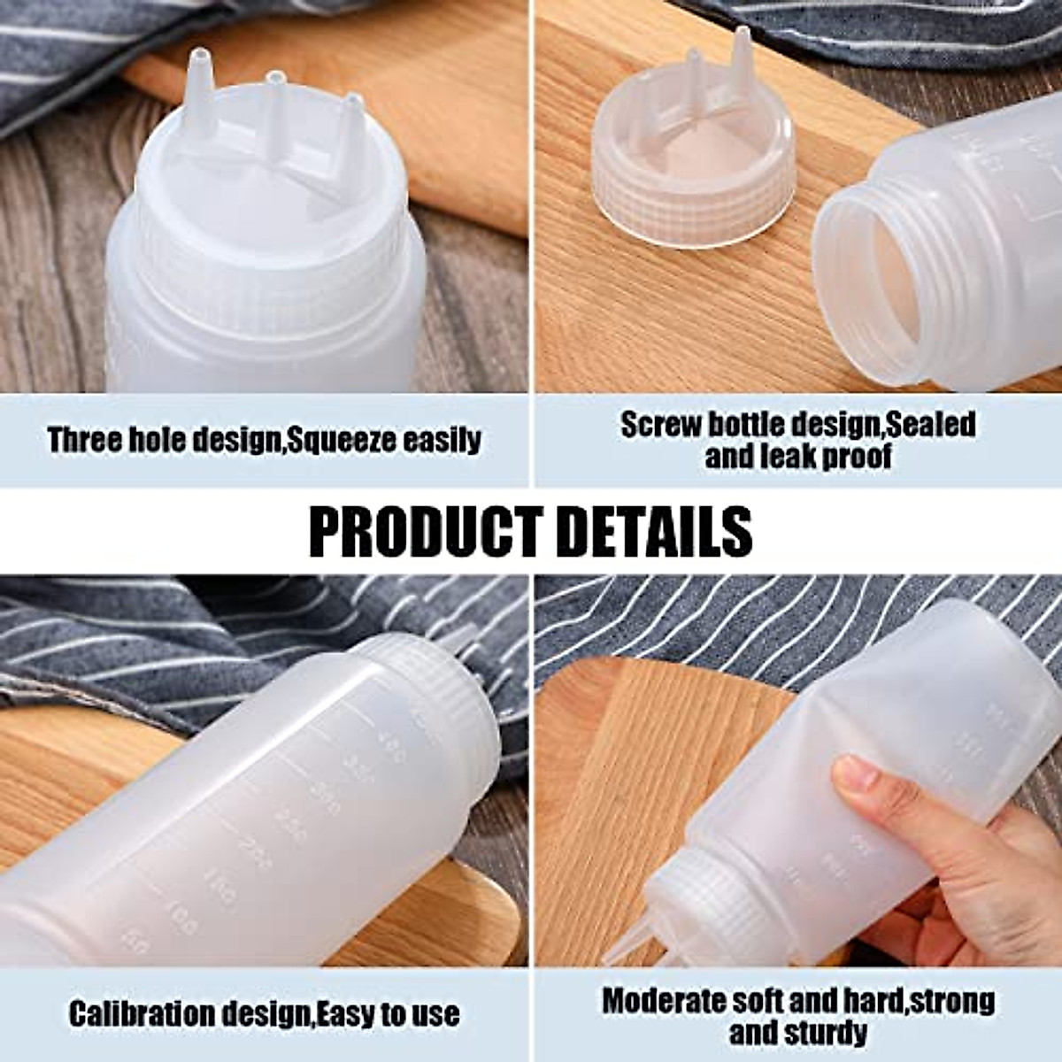 Dingion 8 Pcs 3 Hole Squeeze Bottles 16 oz Plastic Condiment Salad Dressing Container Sauces for Ketchup Mustard Seasoning Squeezer Bakery Kitchen Accessories 450 ml