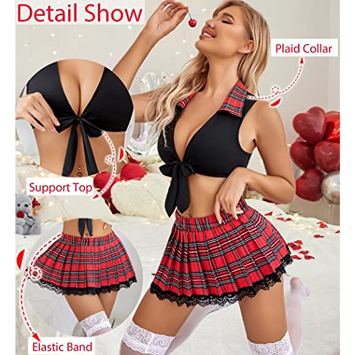 Avidlove School Girl Lingerie for Women Sexy Cosplay Lingerie Set Two Piece Teacher Roleplay Costumes with Mini Skirt(Black,M)