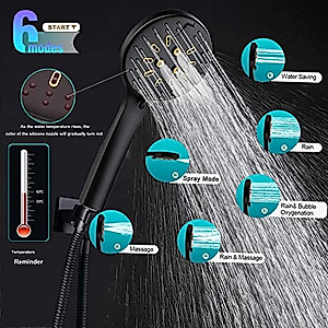 Rainfall Shower Head Combo, 12'' High Pressure Square Rain Shower with 6-Function Adjustable Spray Handheld with 13'' Extension Arm and 78'' Hose, Water Temperature Reminder, Matte Black, AWAXFOLO