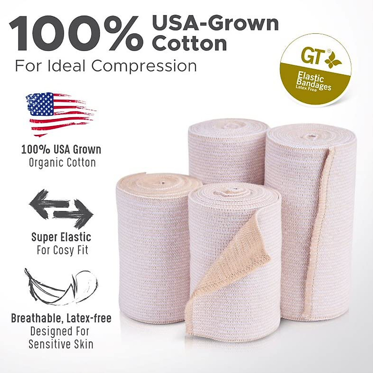 Premium Elastic Bandage Wrap (4" Wide, 2 Pack) - Made of USA Grown Cotton - Hook & Loop Fastener at One End - GT Latex Free Hypoallergenic Compression Roll for Sprains & Injuries