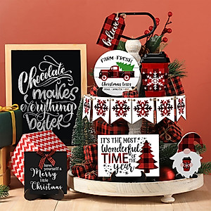 Jetec 12 Pcs Christmas Tier Tray Decoration Christmas Signs Tier Tray Decor Mini Christmas Decoration for Xmas Decoration Home House Farmhouse Party Christmas Decoration (Plaid)