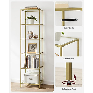 VASAGLE Bookcase, 6-Tier Bookshelf, Slim Shelving Unit for Bedroom, Bathroom, Home Office, Tempered Glass, Steel Frame, Gold Color ULGT500A01