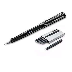 LAMY Safari Fountain Pen (19M) Black & 5 Black Ink Cartridges (LT10BK, L19BKM)