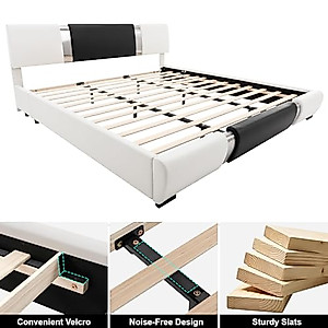 Kallabe Full Modern Faux Leather Upholstered Bed Frame with Adjustable Headboard, LED Lights，Low Profile Platform Bed with Iron Piece Decor，Wooden Slats Support, No Box Spring Needed, White & Black