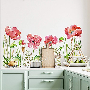 MOLANCIA Floral Wall Decals, Poppies Flowers Wall Stickers, Beautiful Flowers Vines Wall Stickers Art Murals, Poppy Flowers Wall Posters, Garden Blossom Flowers Wallpaper for Living Room Girls Bedroom