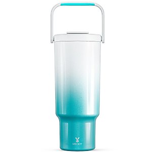 Meoky 40 oz Tumbler with Handle and Straw, Insulated Water Bottle, Stainless Steel Travel Mug, Keeps Cold for 34 Hours, 100% Leak Proof, Fits in Car Cup Holder (Azure)