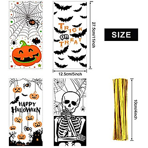 Zonon 160 Pieces Halloween Cellophane Treat Bags Halloween Candy Wrappers Pumpkin Skull Bat Presents Bags Transparent Candy Bag with 200 Pieces Ties for Halloween Party Favors