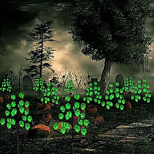 Upgraded 2 Pack Solar Halloween Decorations Lights, Halloween Outdoor Solar Stake Sign Lights with Scary Skull Shape Green LED Lights for Halloween Outdoor Pathway Cemetery Garden Yard Porch Decor