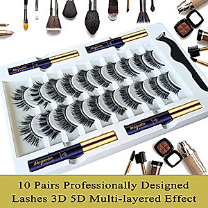 3D Magnetic Eyelashes with Eyeliner Kit - SevenCrown Magnetic Lashes Natural Looking with Upgraded 4 Tubes of Magnetic Liner Waterproof, Long Lasting,10 Pairs Reusable False Eyelashes Easy to Apply.