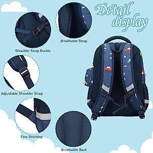 MIRLEWAIY Boys Backpack Purse Set Kids Space Rocket Printed School Bag 15.7 inch Multipocket Bookbag With Insulated Lunch Box And Coin Pouch, Dark Blue Rocket