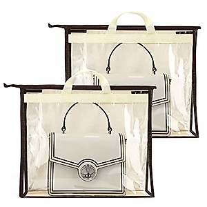 Handbag Storage Organizer 2 Pack Dust Cover Bag Transparent Anti-dust Storage Purse Organizer for Closet and Wall Shelf, with Zipper and Handle Space-saving Storage Handbag Organizer (Beige)