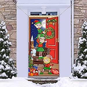 Christmas Door Cover, Funny Elves Door Backdrop Fabric Santa Backdrop Christmas Background Banner Xmas Door Hanging Covers Photo Booth Props for Christmas Party Decorations, 70.9 x 35.4 Inch