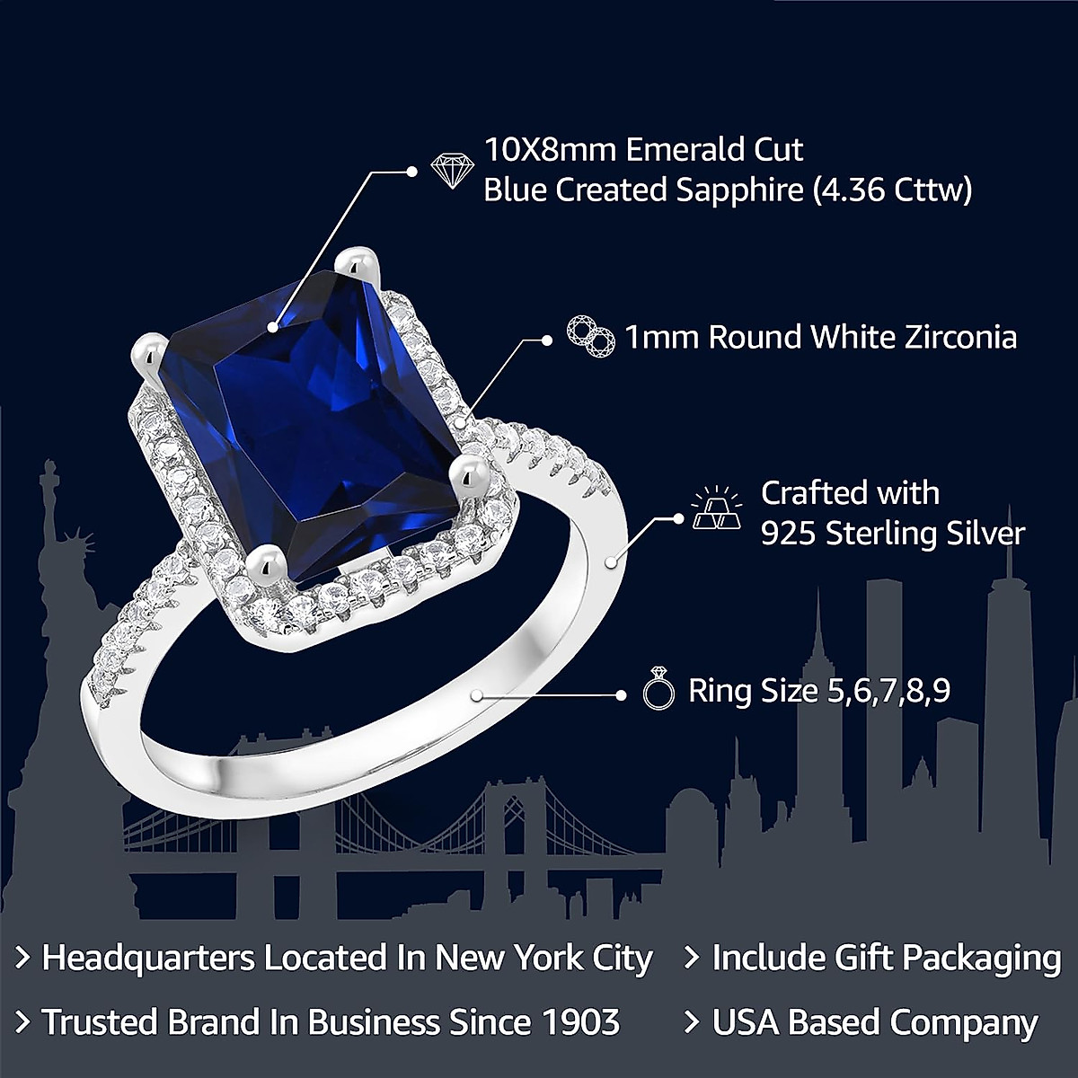 Gem Stone King 925 Sterling Silver Gemstone Birthstone Engagement Ring | Emerald Cut 10X8MM | Wedding Engagement Anniversary Promise Ring For Women | Available In Size 5, 6, 7, 8, 9