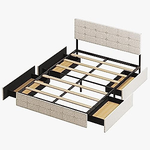 CECER California King Size Bed Frame with 4 Storage Drawers, Linen Platform Bed Frame with Upholstered and Button Tufted Headboard, No Box Spring Needed Bed Frame with Adjutable Headboard-Beige