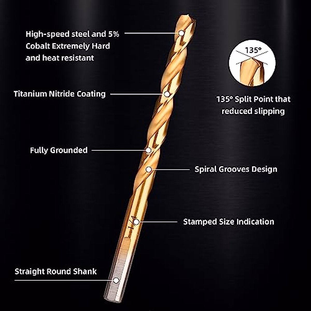 Titanium Drill Bit Set, HSS Twist Drill Bits, Quick Change Drill Bits Set Straight Shank, 135 Degree Metal Drill for General Purpose, 1/16"-1/2" by 11/64" 13 Piece Kit with Storage Case