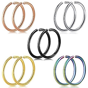 SkullParty Zifoan 5 pairs Nose Rings Hoop 20 Gauge Non Piercing Stainless Steel Clip-on Fake Nose Ring Body Jewelry (10PCS Inner Diameter: 5/16 (8mm))