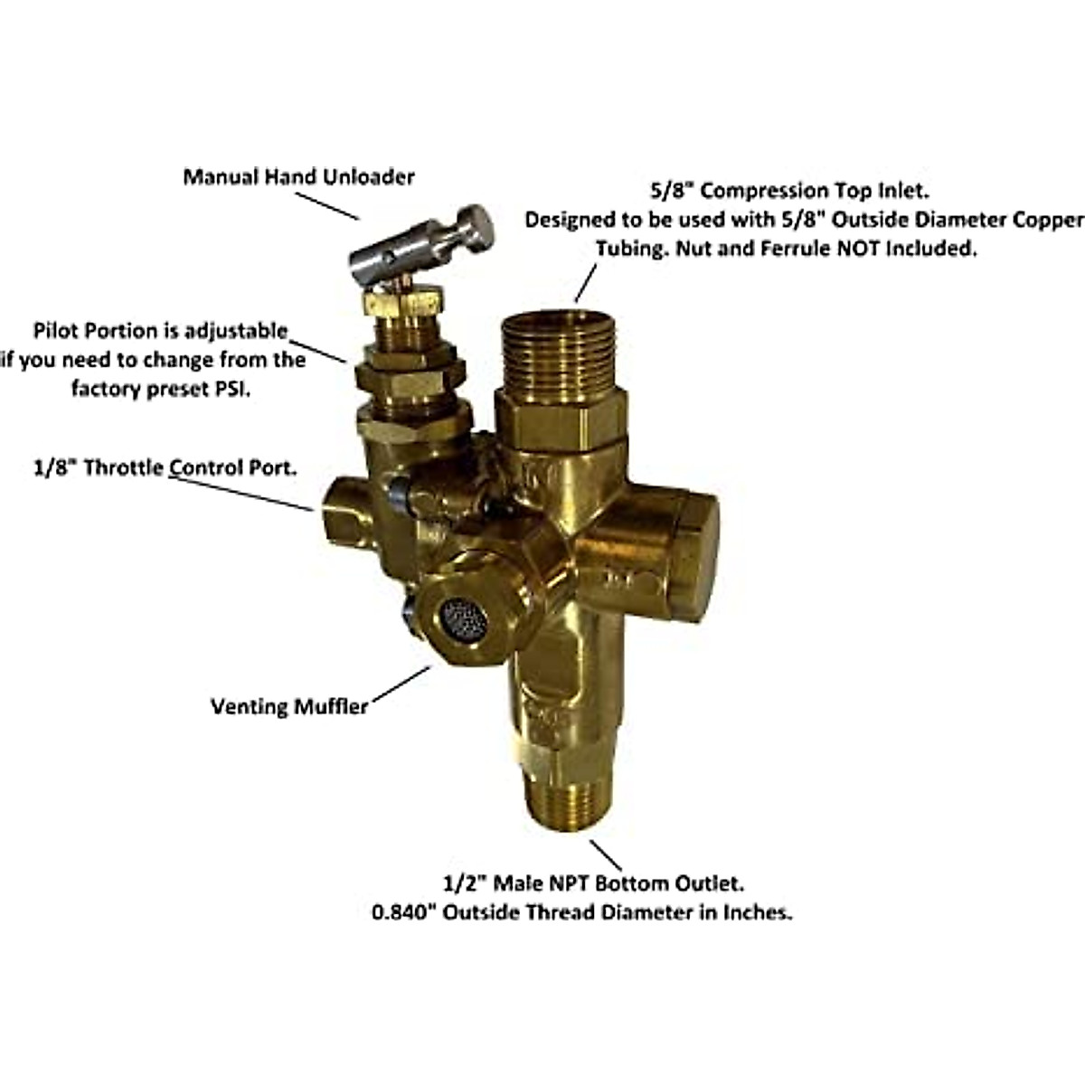 5/8" Compression Top Inlet X 1/2" MNPT Outlet, Combo Pilot Unloader Check Valve with Throttle Control Cable for 6.5HP Max Gas air Compressors (125-150 PSI, 24" Throttle Control Cable & Unloader Valve)