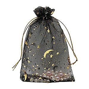 Jexila 100PCS Black Organza Bags 4X6 with Drawstring Jewelry Bags Small Moon Star Mesh Bags for Wedding Party Favor Candy Bags