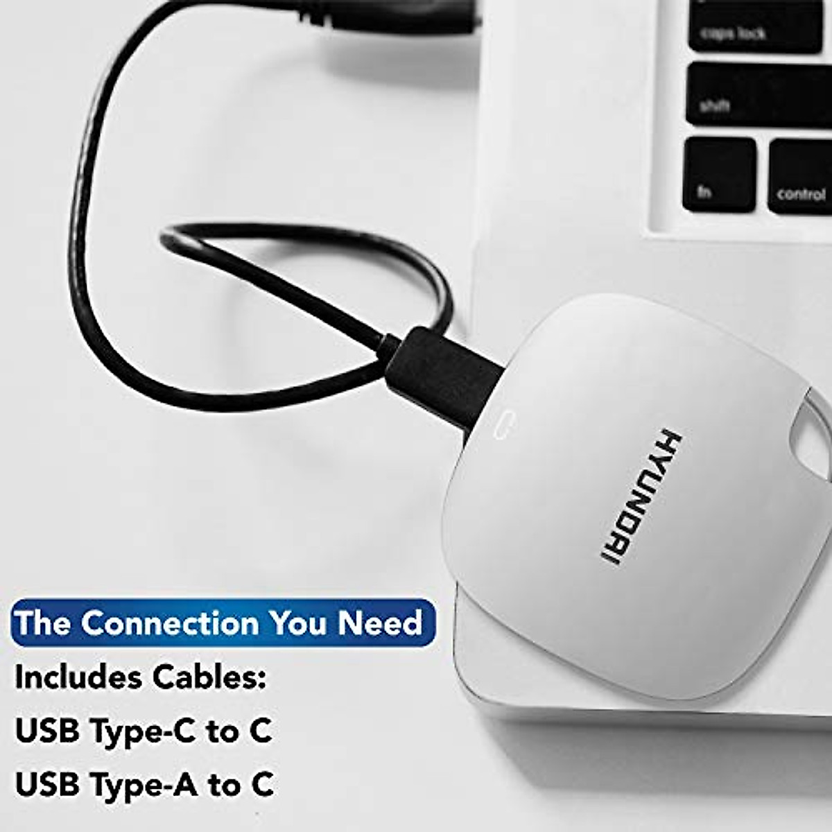 Hyundai 512GB Ultra Portable Data Storage Fast External SSD Pearl White, PC/MAC/Mobile- USB-C/USB-A, Dual Cable Included HTESD500PW